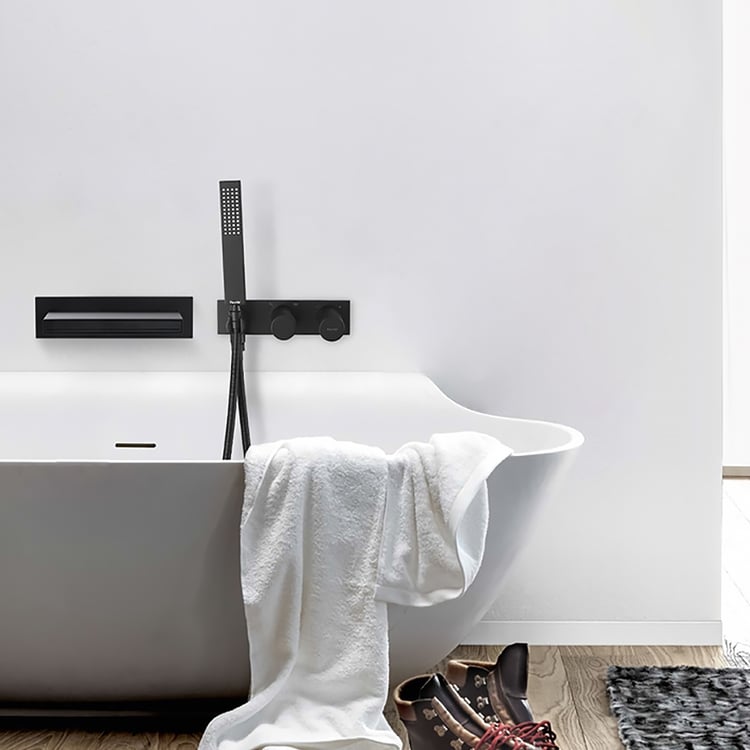 Sleek Wall Mounted Waterfall Bath Tap with Handshower in Matte Black ...