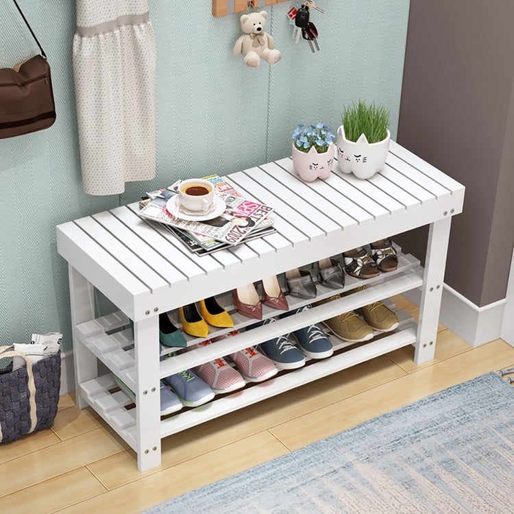 White Modern Entryway Shoe Rack with 2 Tier Shevles 39.4''｜Homary