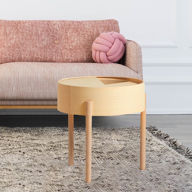 Farmhouse Natural Rotating Side Table with Hidden Storage Wood Round ...