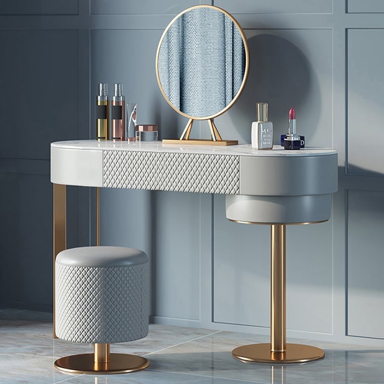 Gray Modern Makeup Vanity Set with Drawer Mirror & Leather Stool ...