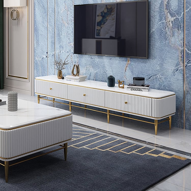 White and Gold TV Stand For TVs Up To 75 3 Drawers Faux Marble Top Mid Century Homary