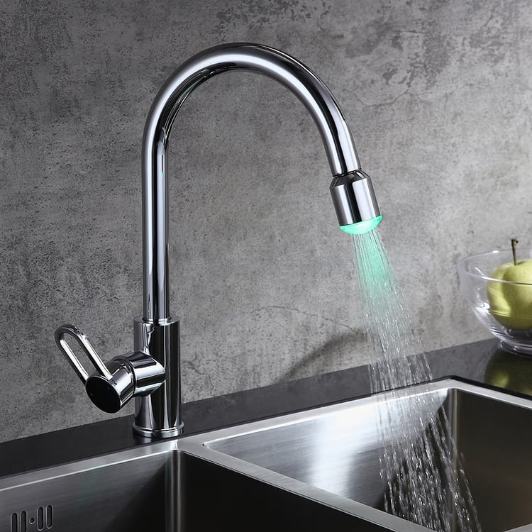LED Single Side Handle Swivel Spout Kitchen Sink Faucet with Pull-Out ...