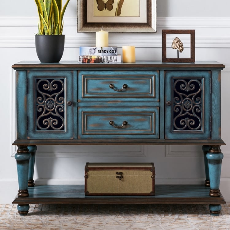 Rustic 2 Door Accent Cabinet with Storage Blue Entryway Console with Drawers & Shelf Style B ...