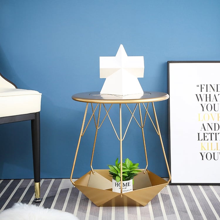 Modern Metal End Table with Storage Shelf Round Tabletop Gold｜Homary UK