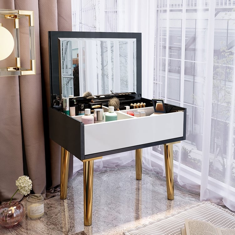 Flip Top Mini White & Black Makeup Vanity with Storage in Gold | Homary