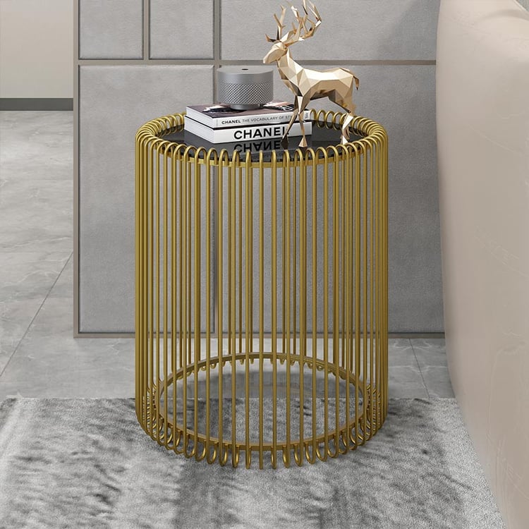 Modern Gold Round End Table Black Tempered Glass Top Wire Cage Side ...