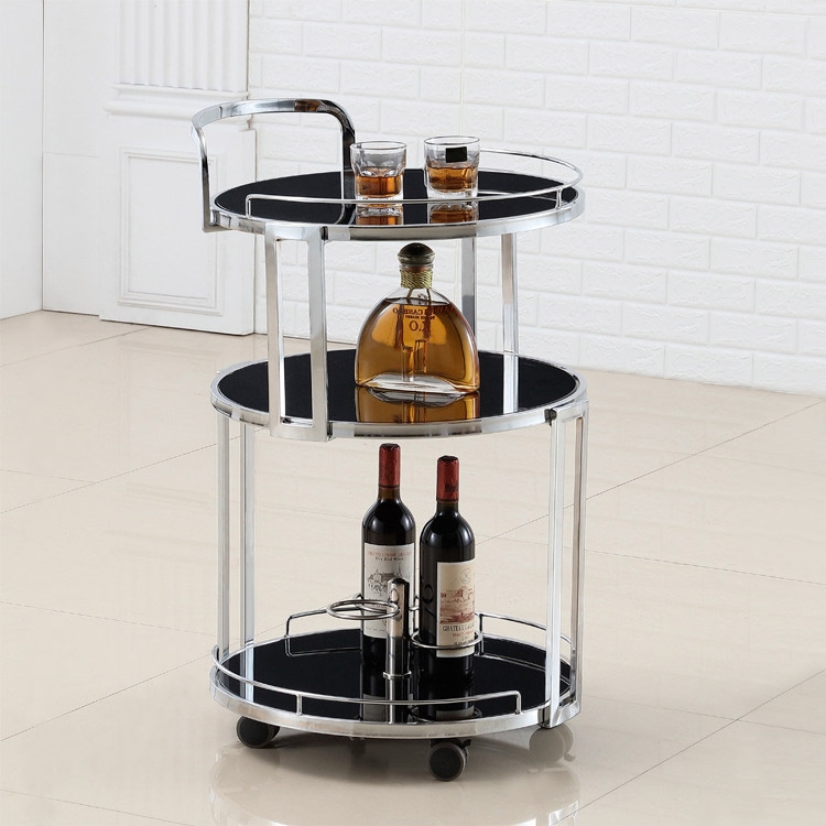 Rolling 3-Tier Round Bar Cart Chrome and Black with Wheel & Handle｜Homary