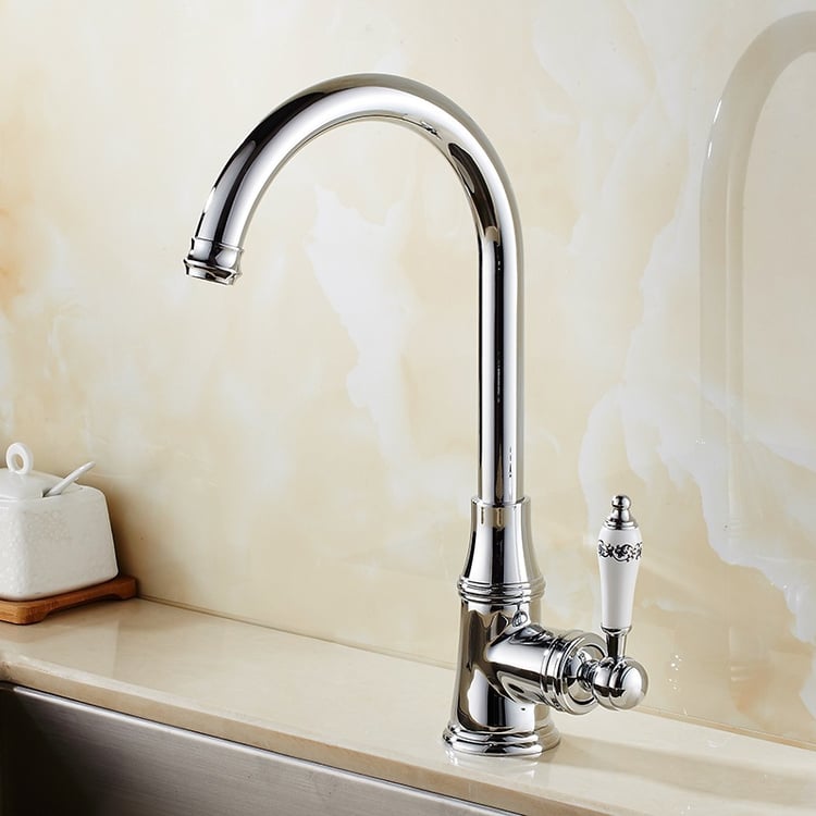 Classic Gooseneck White Single Porcelain Handle Kitchen Faucet in Solid ...