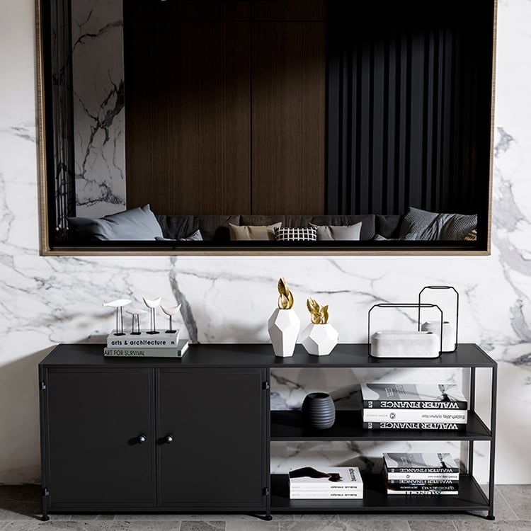 Modern Black TV Stand Metal Frame with 1 Shelf & 2 Doors for TVs up to ...