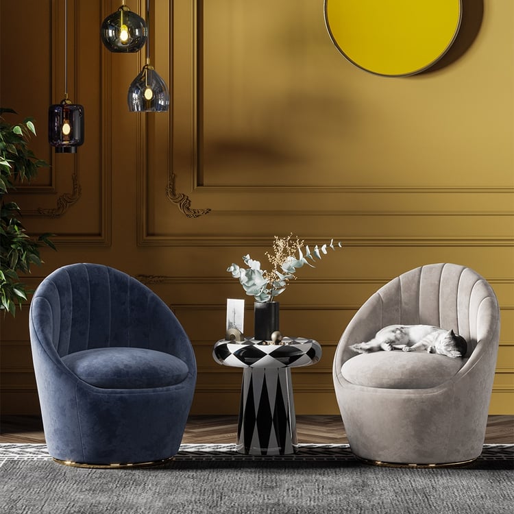 Modern Blue Barrel Chair Golden Base Velvet Upholstered Accent Chair Homary UK