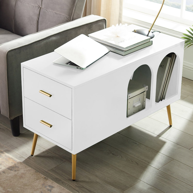 Narre White End Table with Storage Living Room Side Table 2 Drawer ...