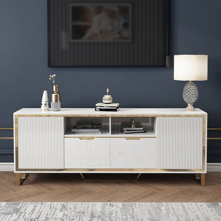 Minimalist White TV Stand Media Console with 2 Drawers & 2 Doors in ...