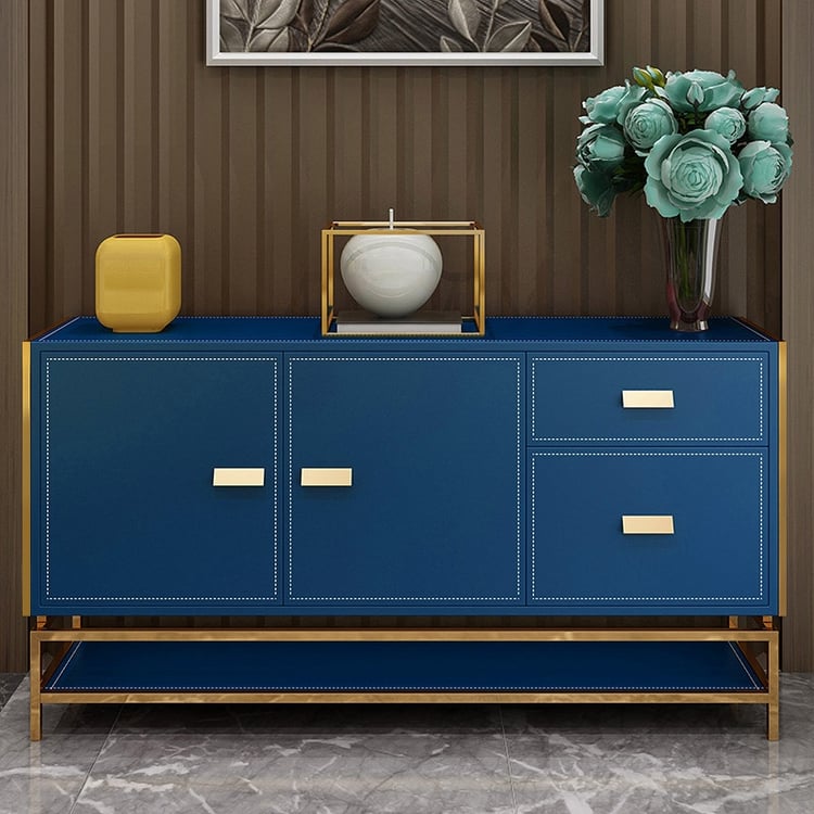 Modern 59" Blue Sideboard Buffet Table with Shelf Faux Leather Cabinet ...