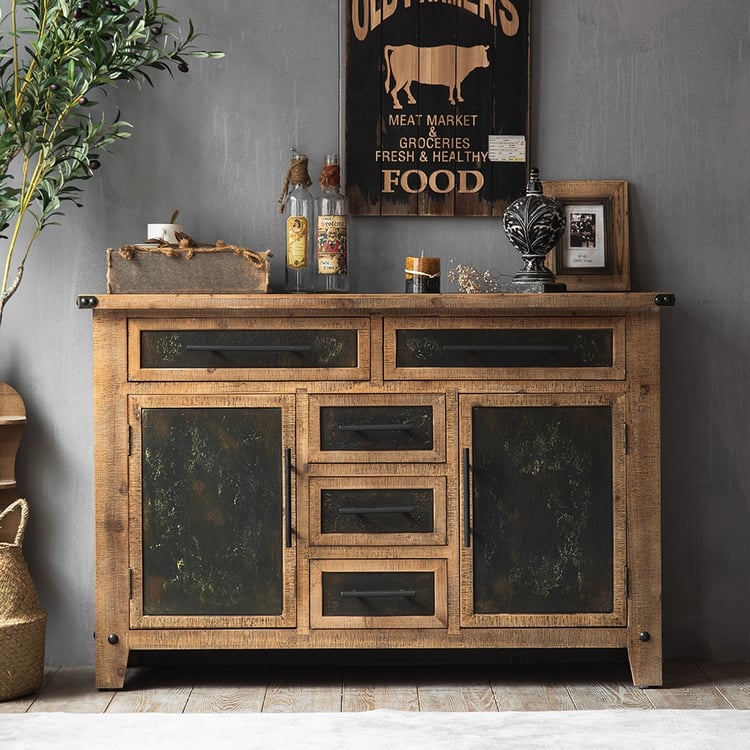 47" Rustic Natural Sideboard Buffet with 5 Drawers & 2 Doors｜Homary