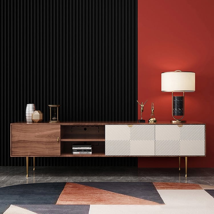 Walnut TV Stand Rectangle Media Console with Storage and Cord Hole for ...