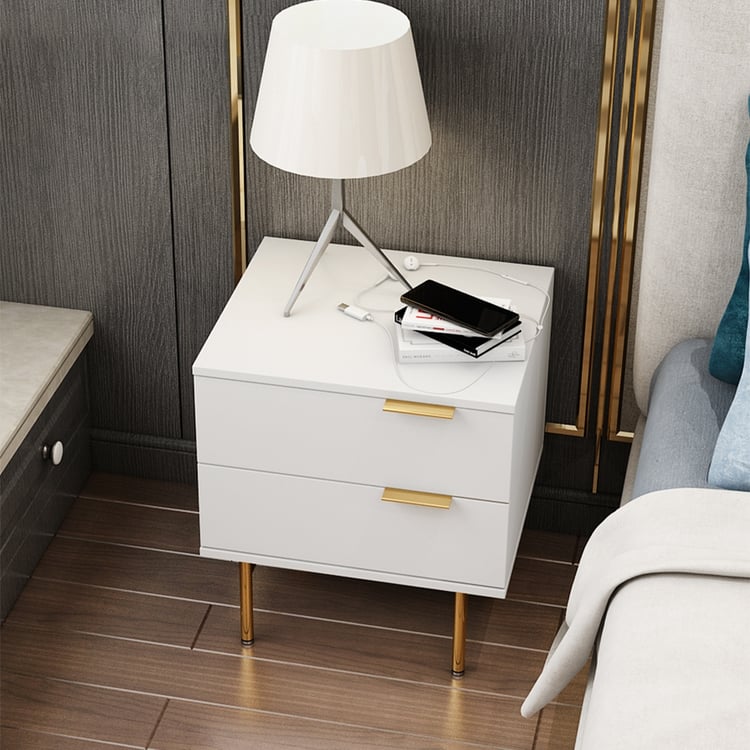Modern White Bedroom Nightstand with 2-Drawer Bedside Table Stainless ...