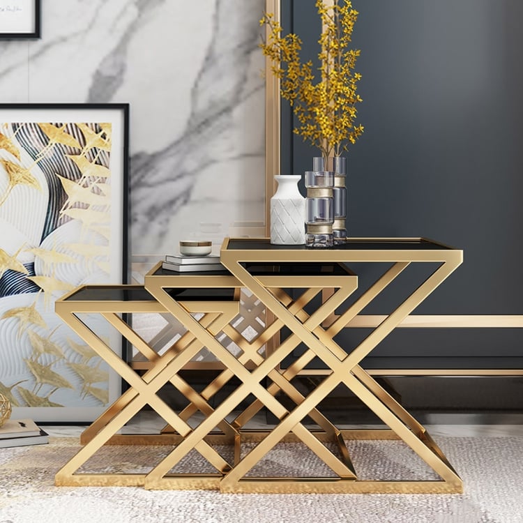 Stylish 3 Piece Nesting Side Table Black Tempered Glass Nesting End Table with Gold X Base Homary UK