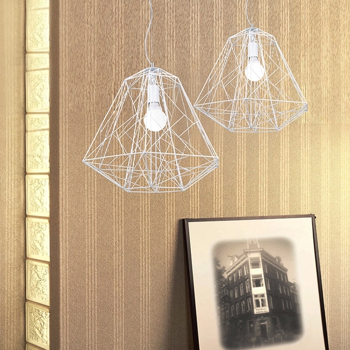 Modern Single-Light Geometric Metal Cage Ceiling Pendant Light in White ...