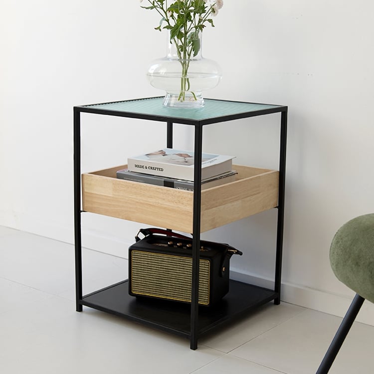 Black Square Side Table with Storage Glass Top End Table｜Homary UK