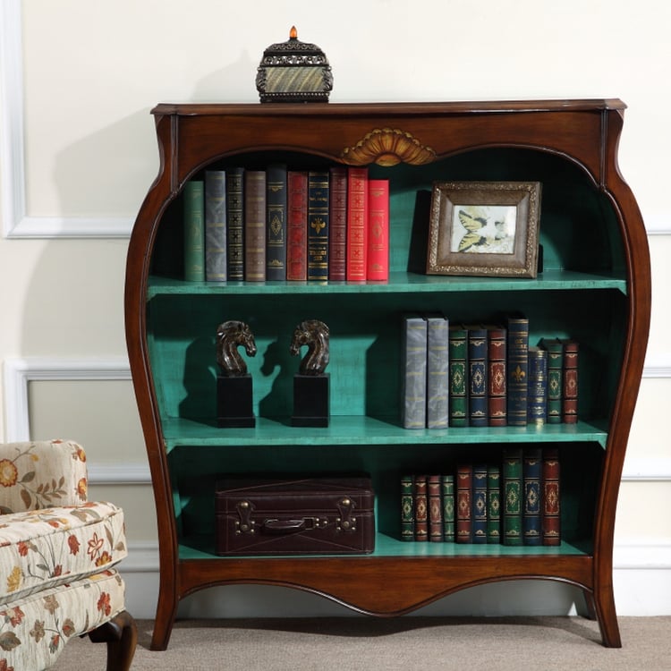 49" Vintage Walnut Bookcase Vase-Shaped Floral Decorative Bookshelf ...