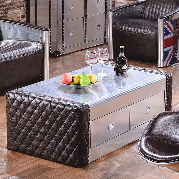Industrial Vintage Aluminum Coffee Table Rectangle Accent Table Loft Wood Coffee Table Homary UK