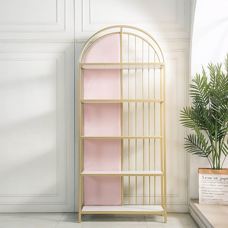 70.9" Arch Metal Bookcase Gold Bookshelf with Background in Pink｜Homary