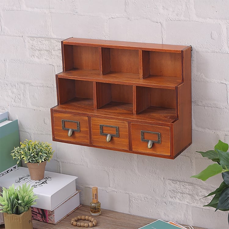 Retro Floating Shelves Storage Desk Organiser with Drawers｜Homary UK