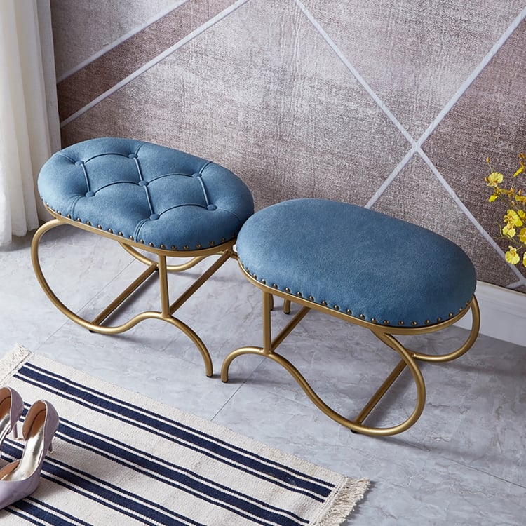 Blue Round Ottoman Tufted Upholstered Leath aire Ottoman Stool Gold Base Homary UK