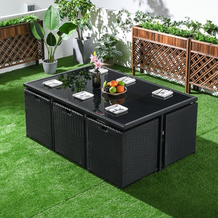 7 Piece Rattan Dining Set Outdoor Conversation Set with Glass Top Rectangle Table and 6 Barrel Chair Cushion Included Homary