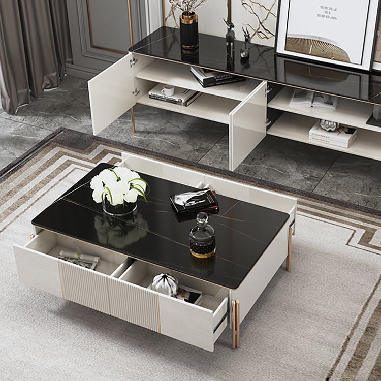 Modern Large Coffee Table with Storage Marble Top & Stainless Steel ...