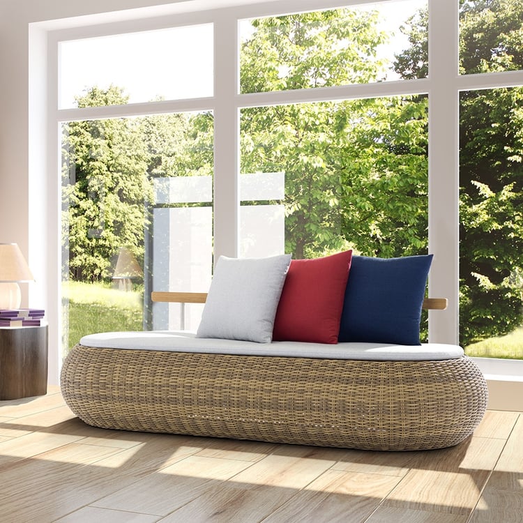 Oval Woven Rattan Sofa Patio Bench with Teak Board Back | Homary