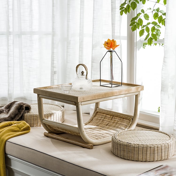 Rustic Rattan End Table with Shelf 2-Tiered Side Table | Homary