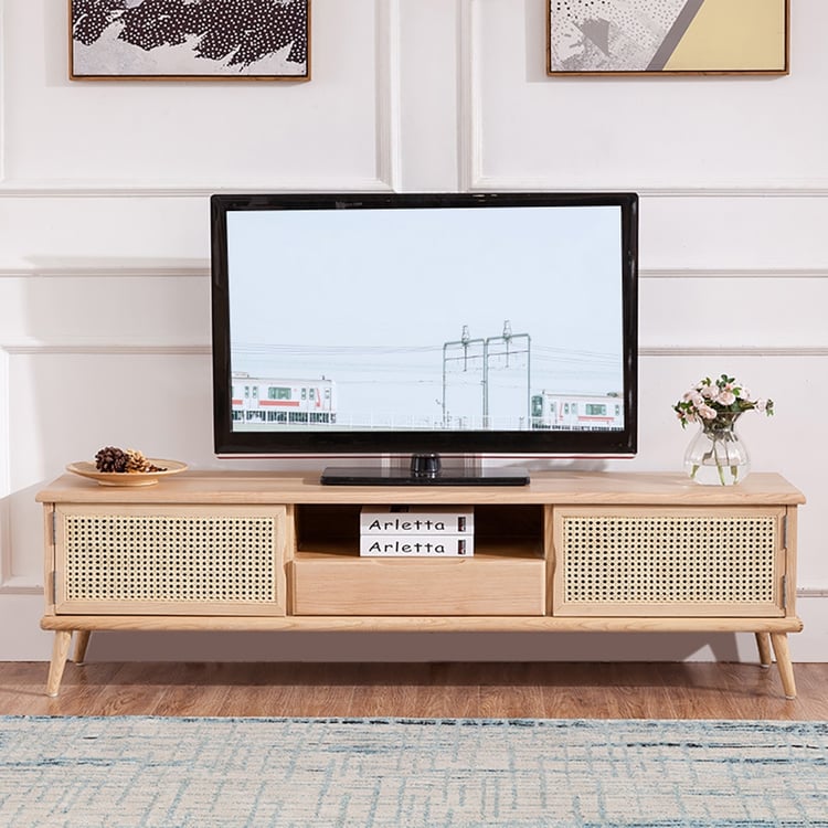 70" Japanese Natural TV Stand Rattan Woven Media Console With Storage ...