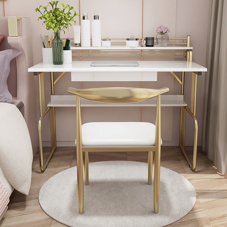 White Modern Small Desk with Drawer & Shelves Wood Top & Metal Frame ...