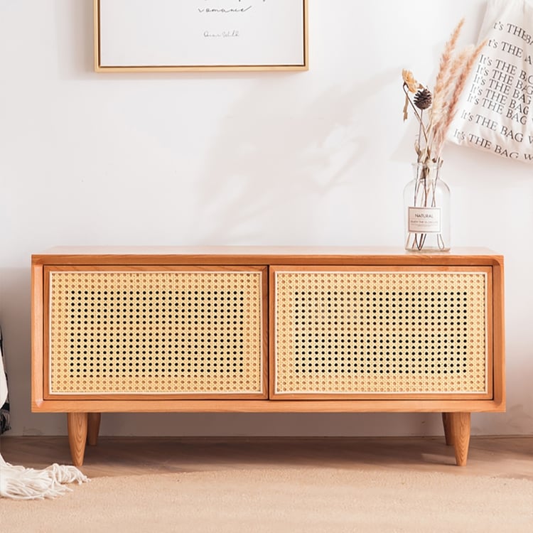 Farmhouse Bench Rattan Shoe Rack in Natural with Door｜Homary
