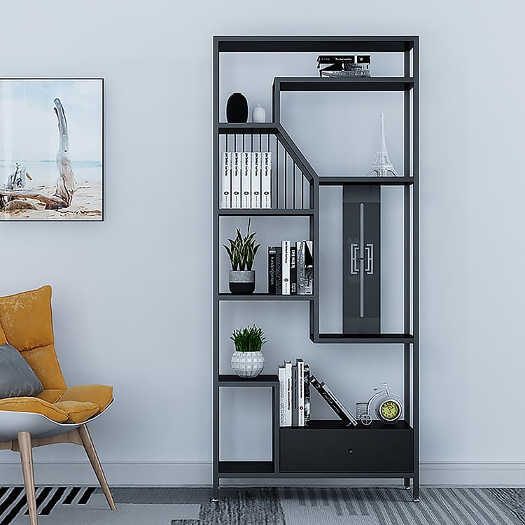 Black Metal Etagere Bookshelf With Drawer｜Homary UK