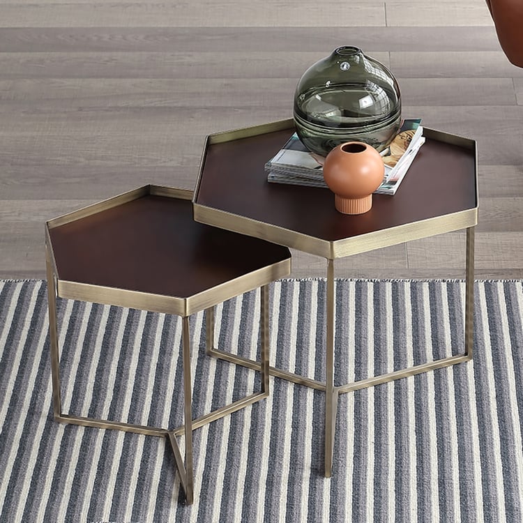 2-Piece Metal Nesting Coffee Table Set with Hexagon Tray Top｜Homary