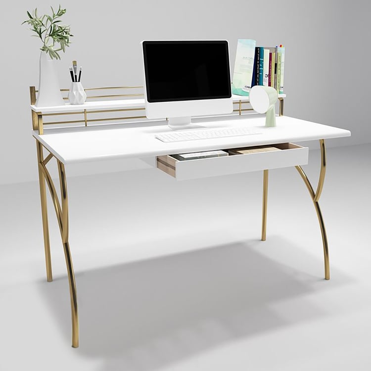Modern White Desk with Drawer & Shelf in Solid Wood & Metal｜Homary UK