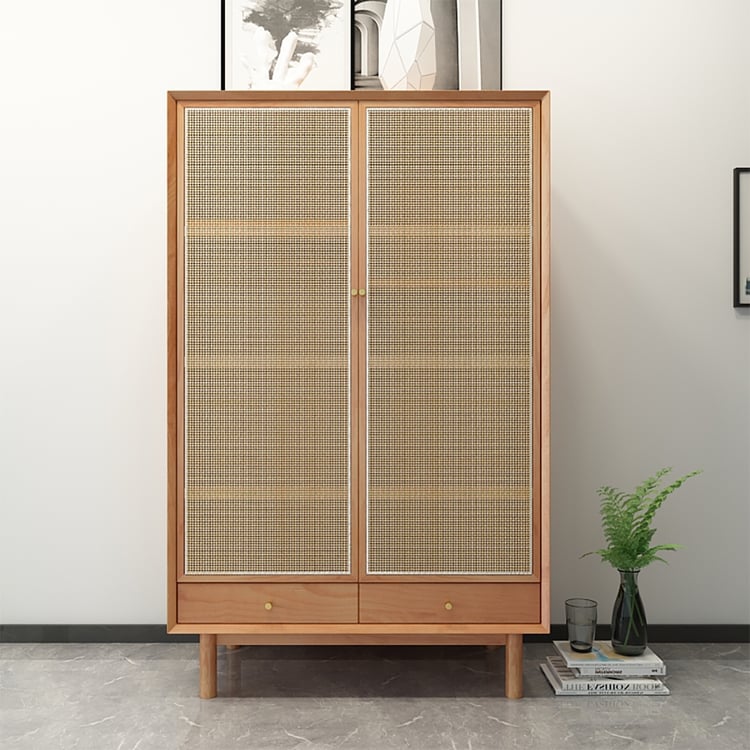 Cottage Natural 2-Door Rattan Woven Closet with Drawers & Shelves｜Homary