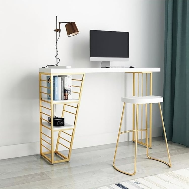 Modern Desk with Storage Wood Top & Gold Metal Frame｜Homary