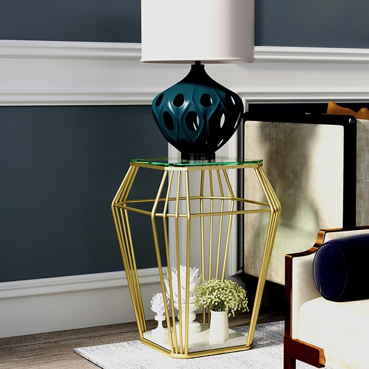 Modern End Table with Tempered Glass Top & Metal Frame in Gold Side ...