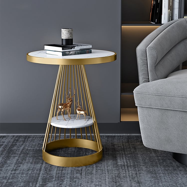 Modern End Table with Storage Marble Top & Metal Frame Side Table｜Homary