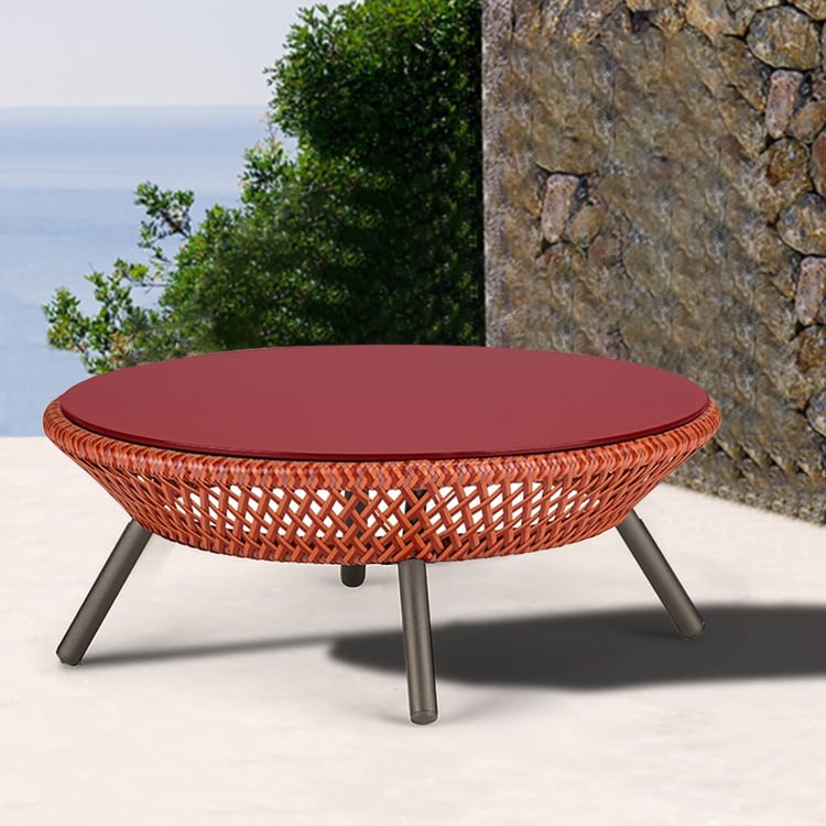 27.6" Brick Red Patio Coffee Table Rattan Round Table with Glass ...