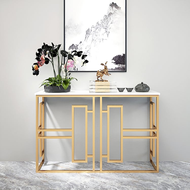 Modern White Console Table in Solid Wood Top & Metal Frame｜Homary