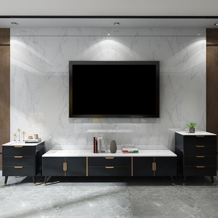 Italian Minimalist 79" TV Stand Sintered Stone Top Black 2-Drawer 4 ...