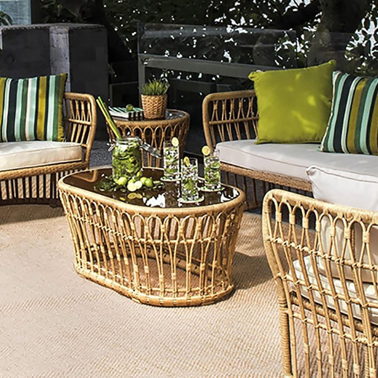 Tropical Style 39.4" Oval Rattan Coffee Table with Black Glass-Top | Homary