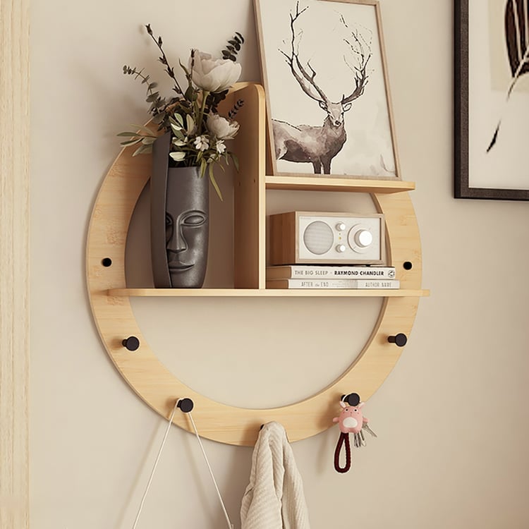 Modern Round Wall Mounted Coat Rack with Shelf in Natural | Homary