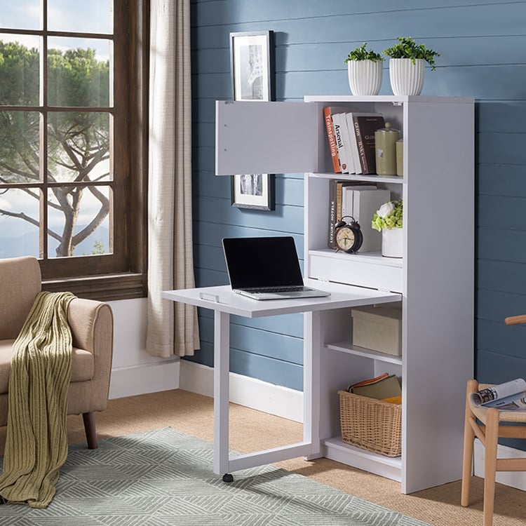 Expandable Standard Bookshelf with Door and Table in White | Homary