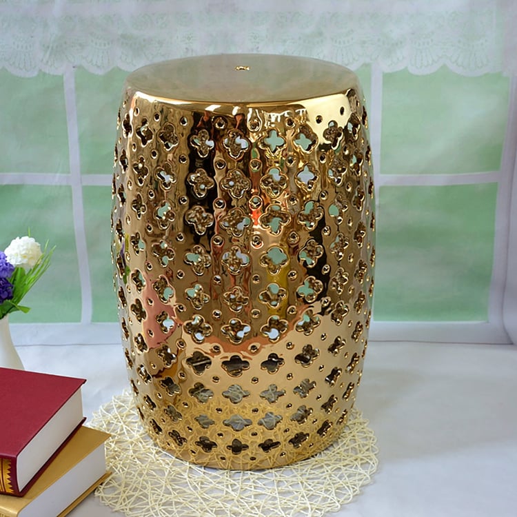 Hollow-out Round Ottoman Ceramics Stool in Gold｜Homary UK