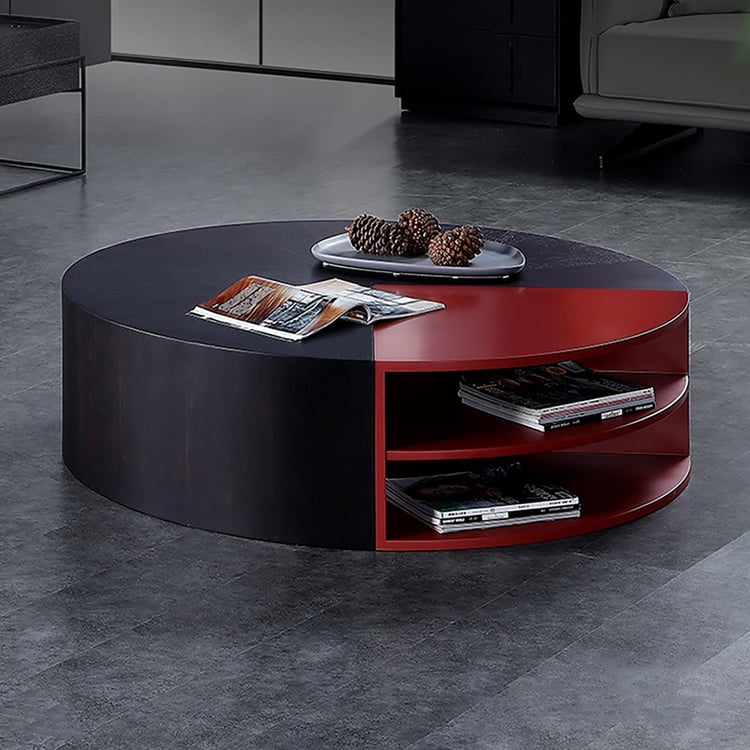 Modern Round Coffee Table with Storage in Black & Red｜Homary